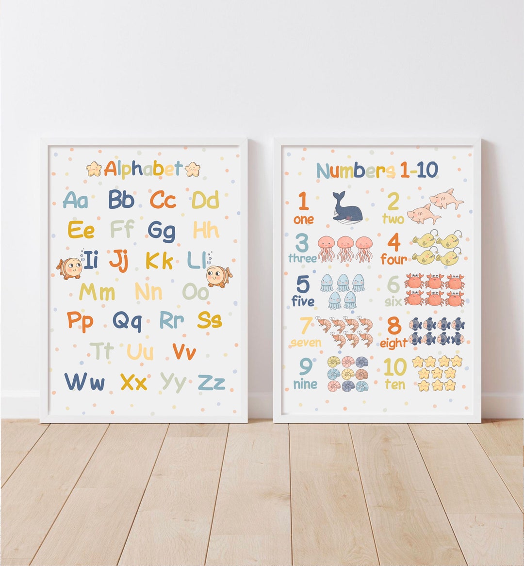 Set of 2 Prints Alphabet and Numbers Poster Ocean Themed Nursery Decor ...