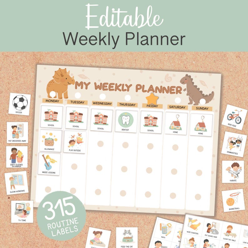 Toddler Routine Chart Dinosaur Visual Schedule, Editable Weekly Planner ...