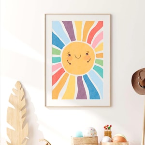 Playroom Sun Poster Watercolor Nursery Prints Rainbow Sun Wall Art ...