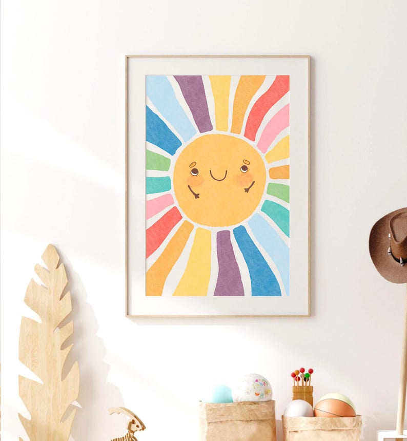 Playroom Sun Poster Watercolor Nursery Prints Rainbow Sun Wall Art ...
