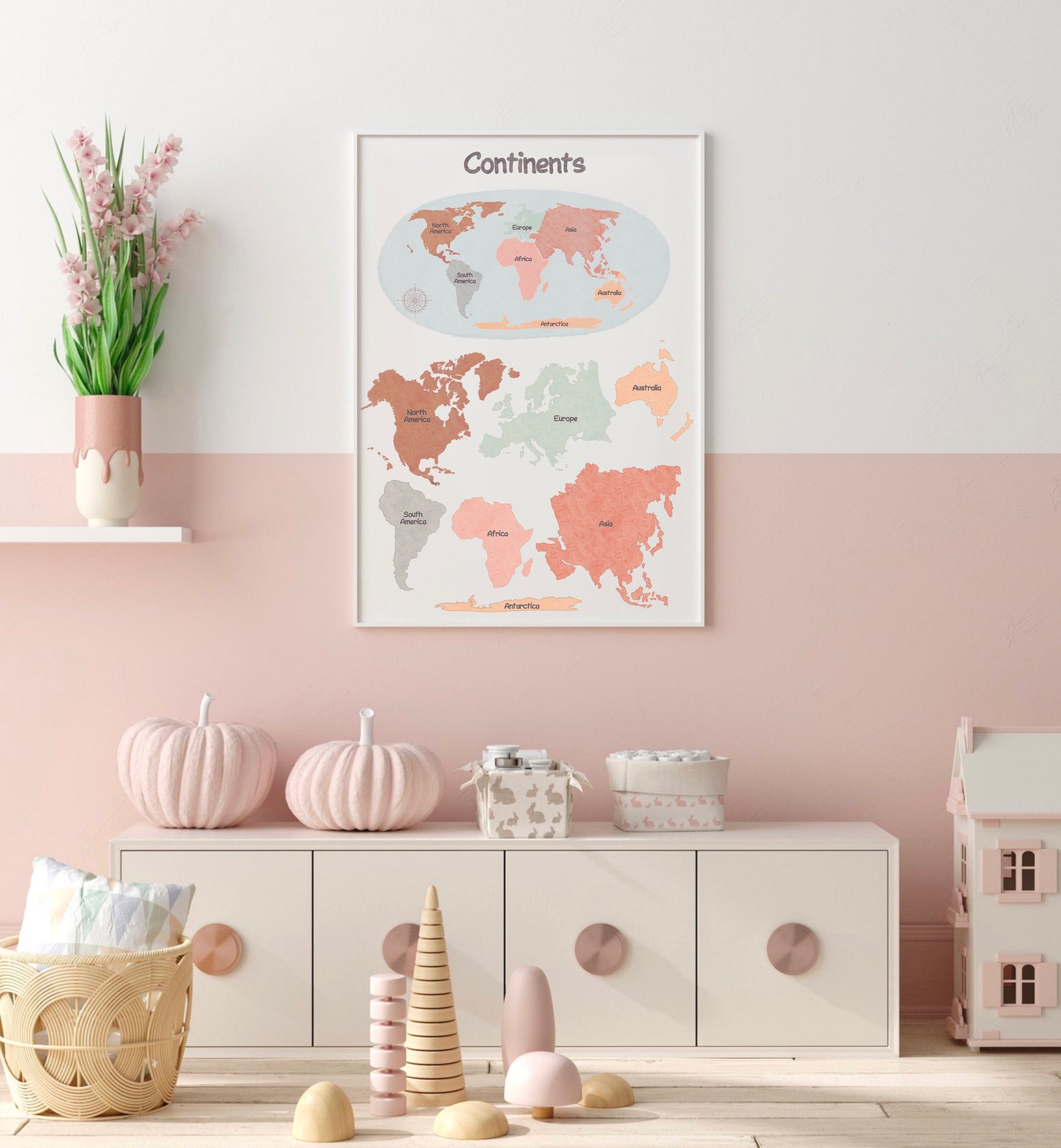 Kids World Map Printable Continents Educational Poster Pastel - Etsy