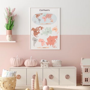 Kids World Map Printable Continents Educational Poster Pastel Nursery ...