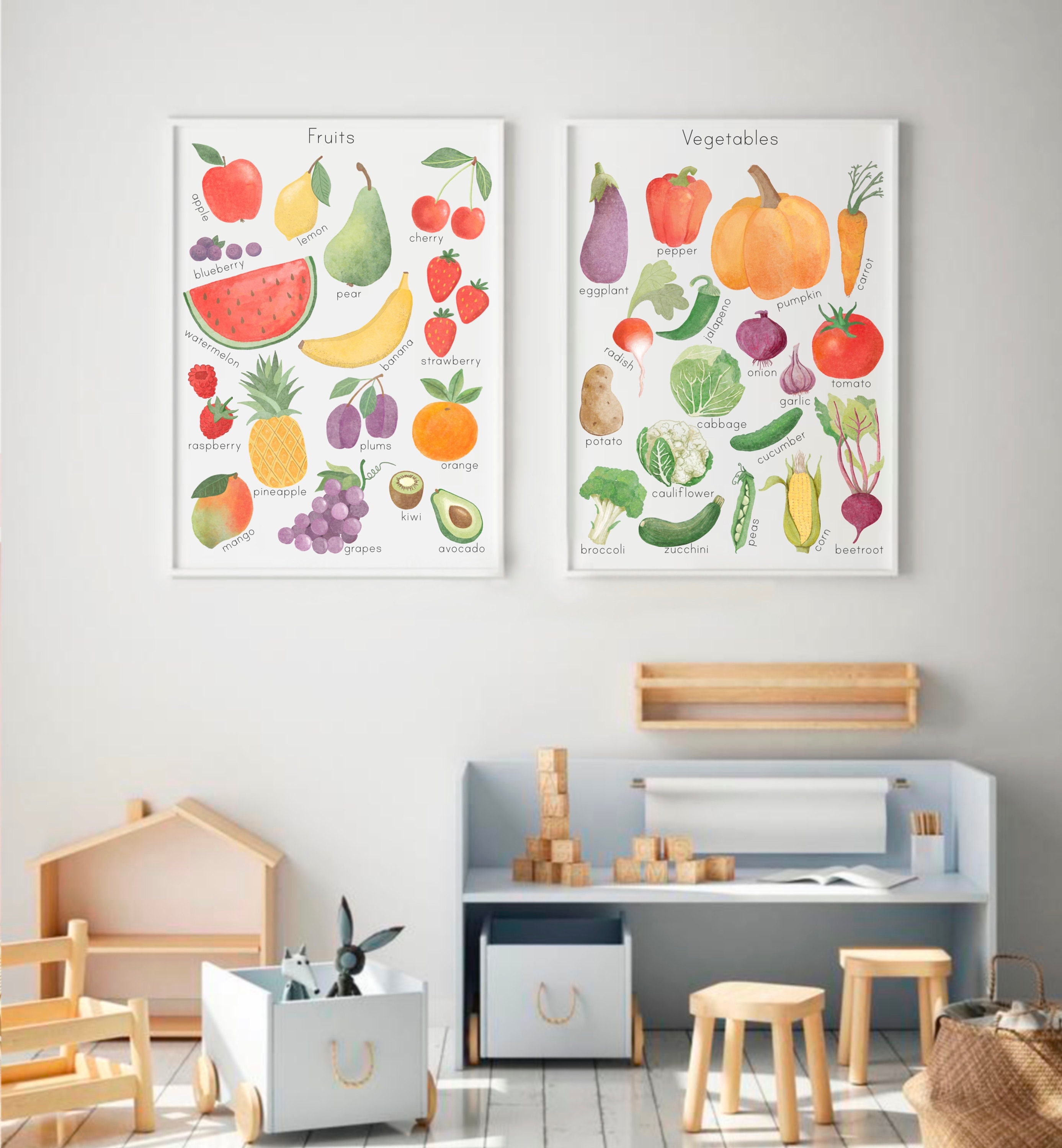 Watercolor Fruit and Vegetable Prints Classroom Educational Posters ...