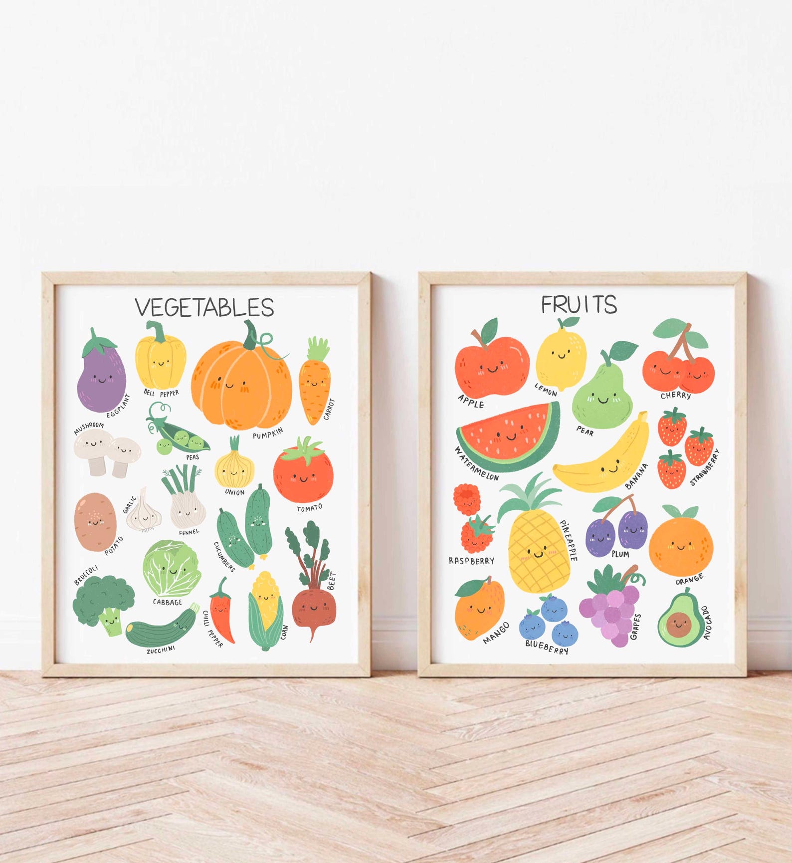 Fruit and Vegetable Posters - Educational Wall Art Set of 2 Watercolor ...