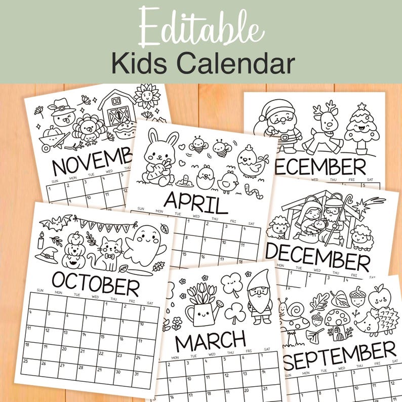 Kids Calendar 2026 Printable Coloring Monthly Calendar Editable ...