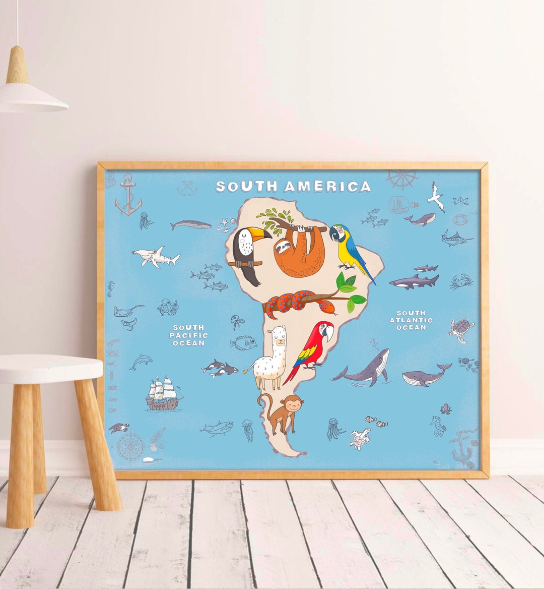 Mapa del continente de América del Sur imprimir Montessori vivero pared ...