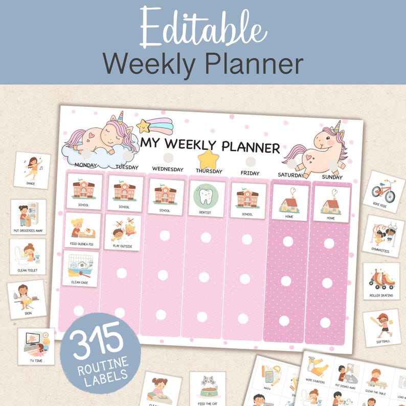 Girls Weekly Planner Editable Toddler Calendar Pink Daily Chore Chart ...