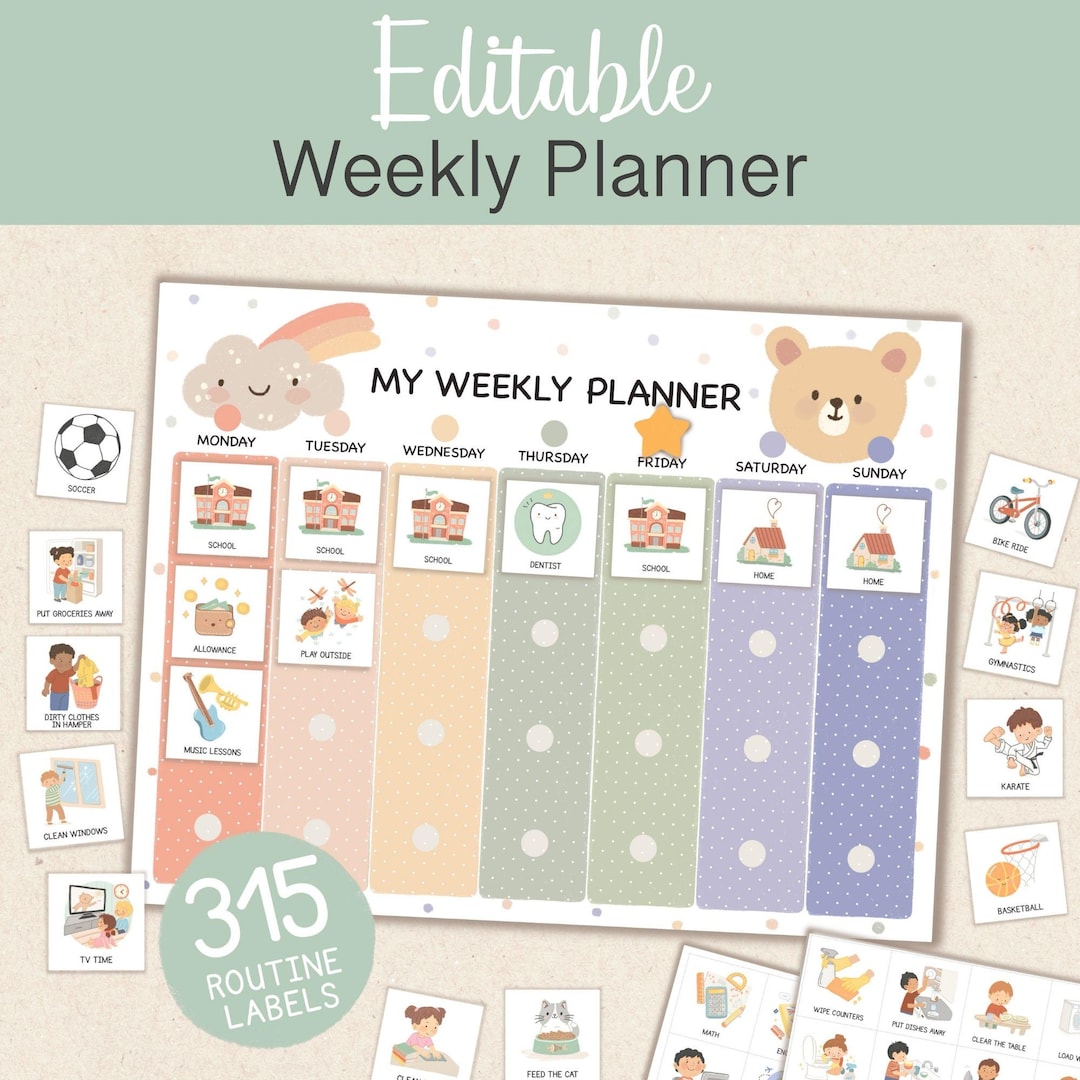 Kids Visual Weekly Planner Editable Daily Routine Schedule Montessori ...