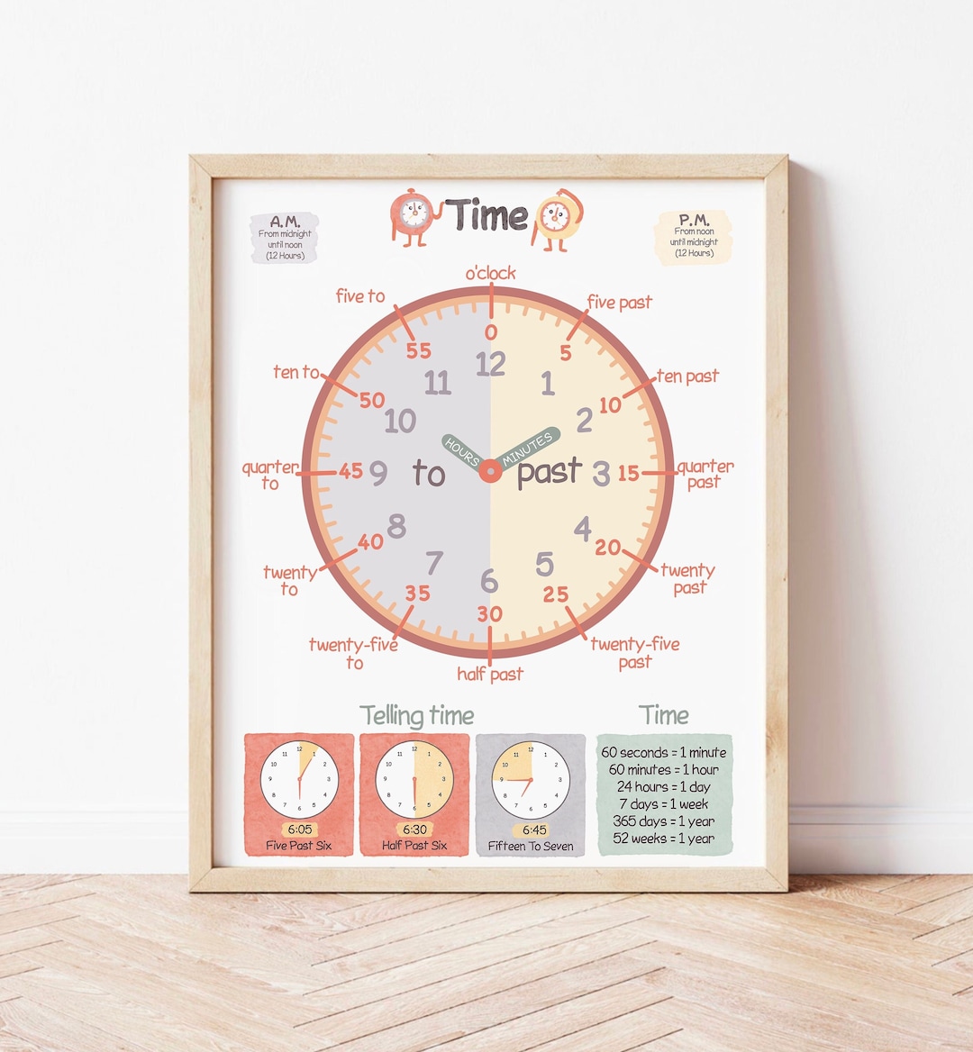 Telling Time Printable Learning Clock Poster Homeschool Educational ...
