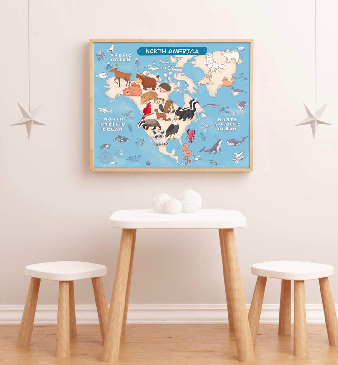 North America Continent Educational Print Animals World Map Wall Art ...
