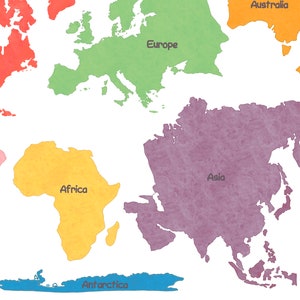 Montessori World Map Wall Art Continents Educational Poster Watercolor ...