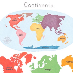 Montessori World Map Wall Art Continents Educational Poster Watercolor ...