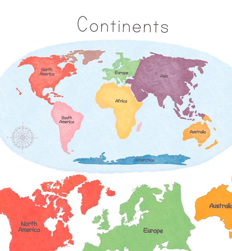 Montessori World Map Wall Art Continents Educational Poster Watercolor ...
