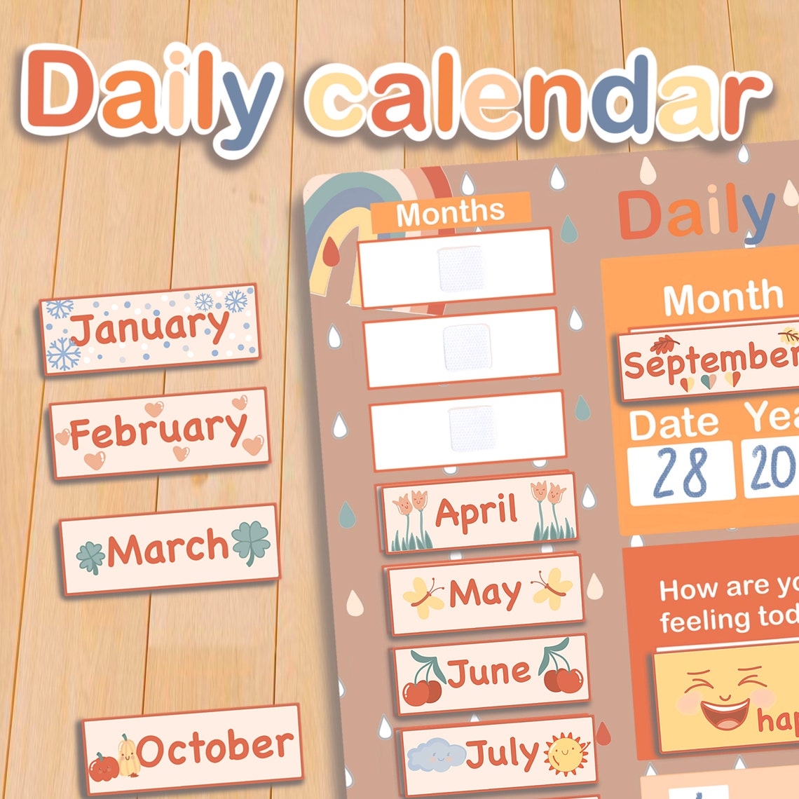 Boho Rainbow Calendar for Kids Printable Montessori Materials | Etsy