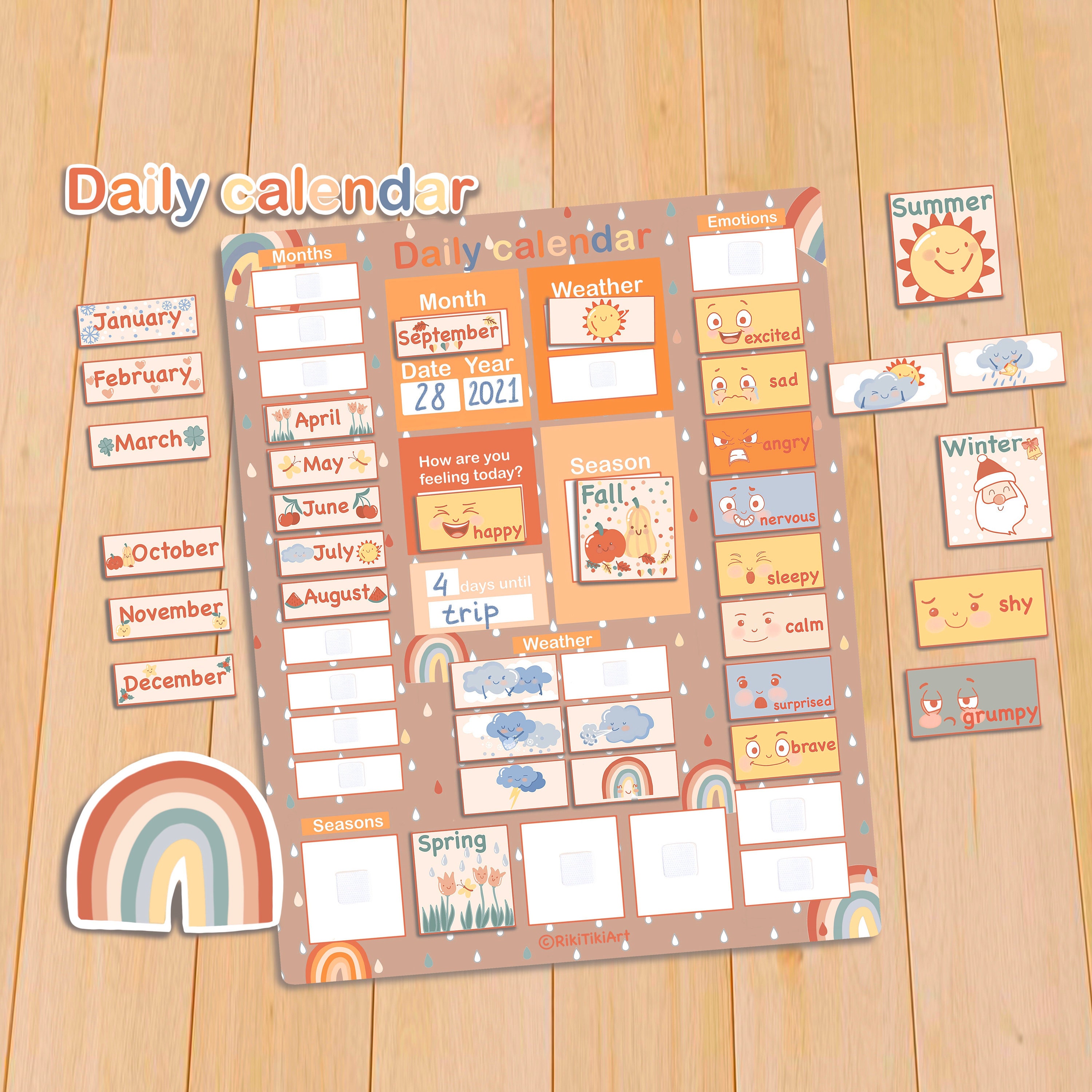 Boho Rainbow Calendar for Kids Printable Montessori Materials | Etsy