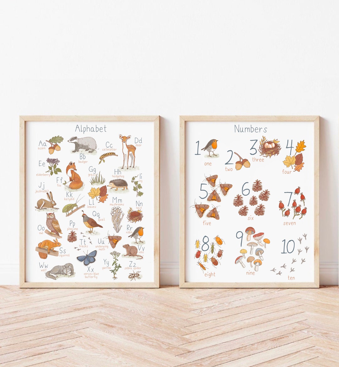 Set of 2 Prints Woodland Alphabet Poster Woodland Numbers Poster Fall ...