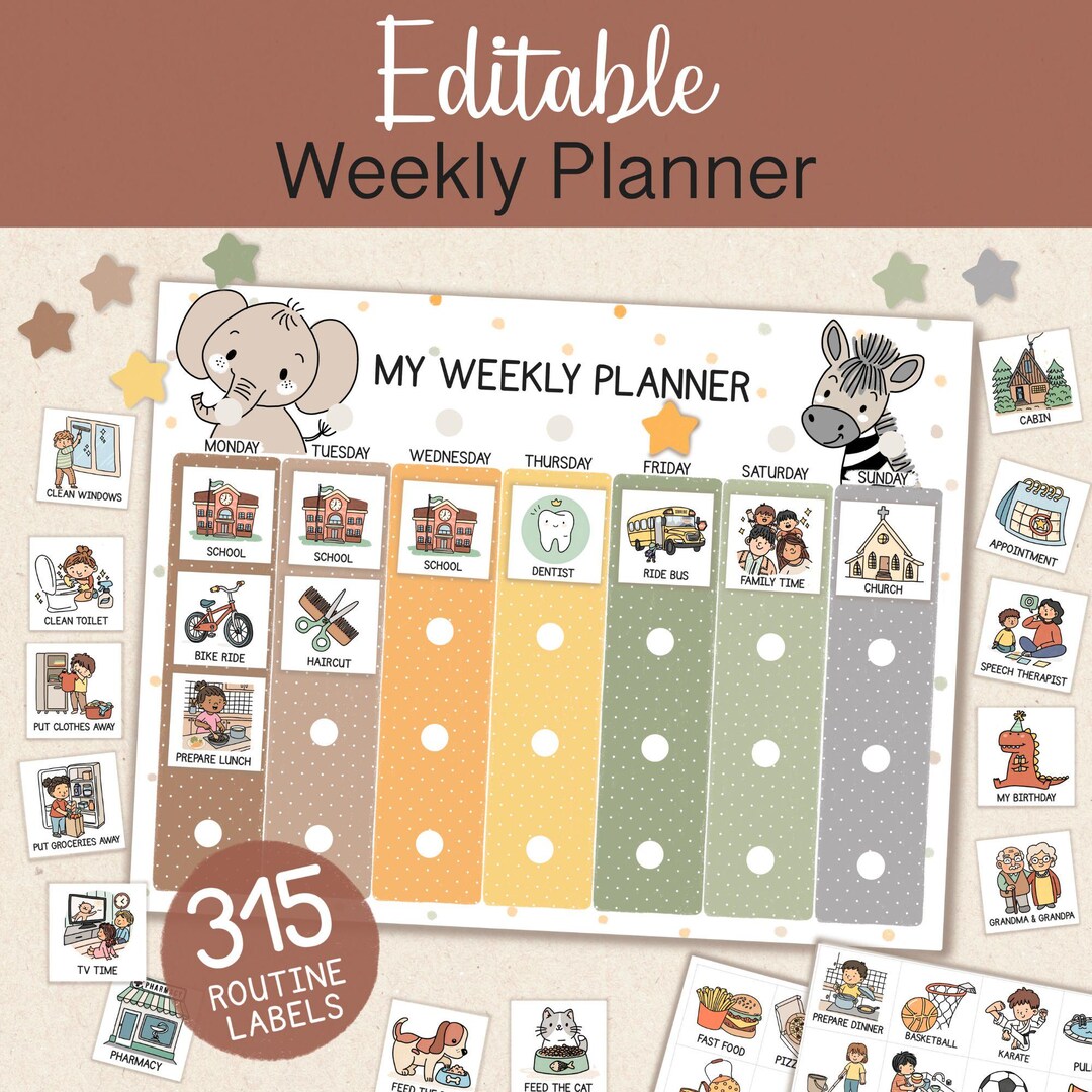 Toddlers Weekly Visual Calendar Editable Planner for Kids Daily Routine ...