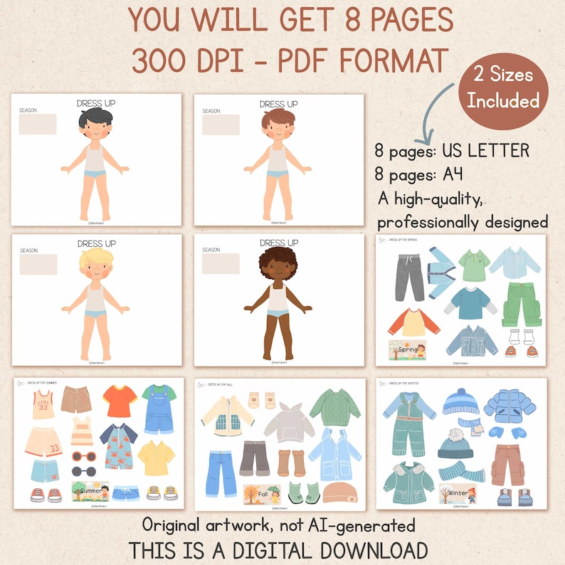 Boys Paper Doll Dress Up: Four Seasons Printable Activity (PDF Download ...