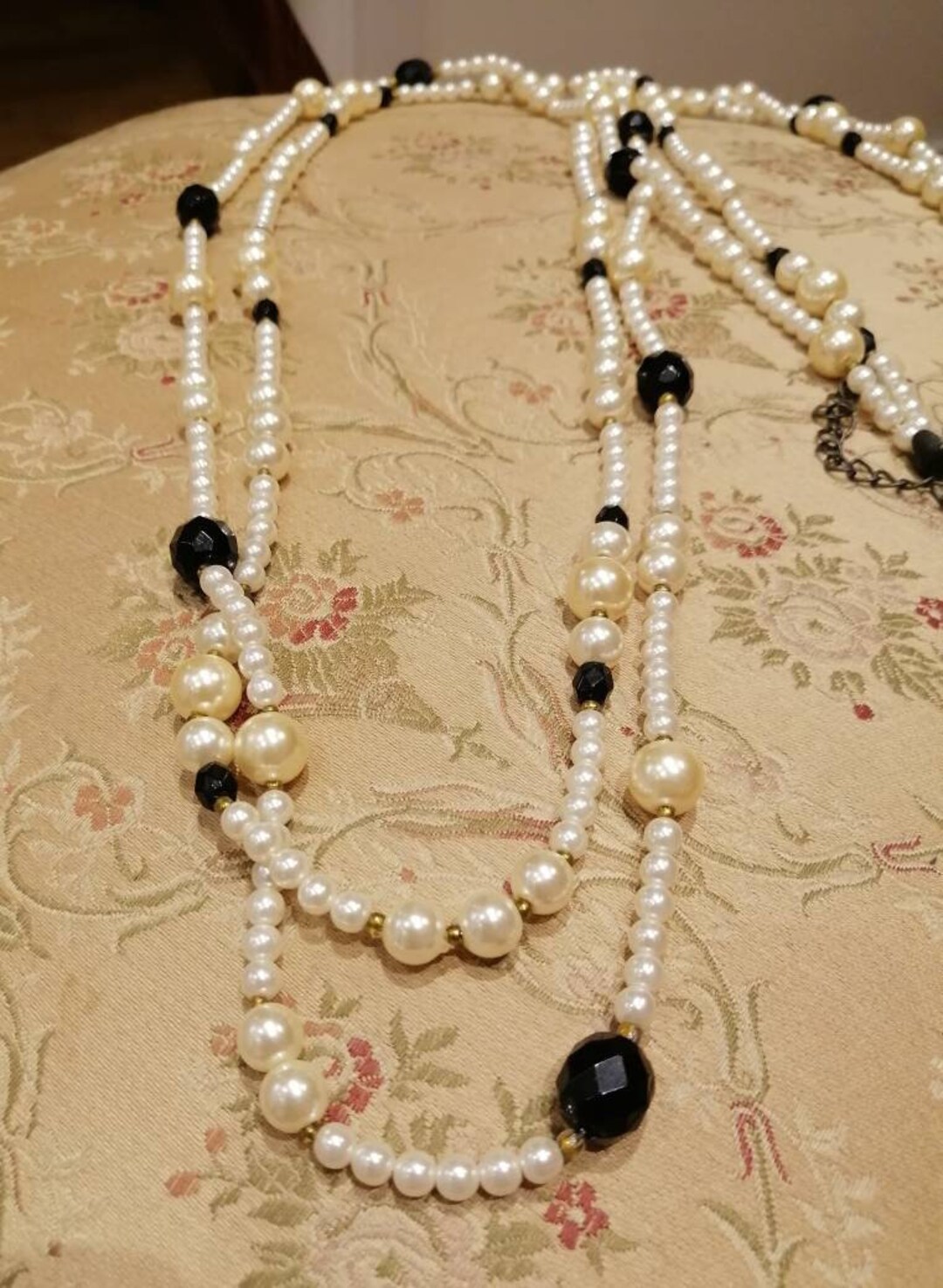 Long Double Stranded Beaded Necklace, Black and Cream - Etsy