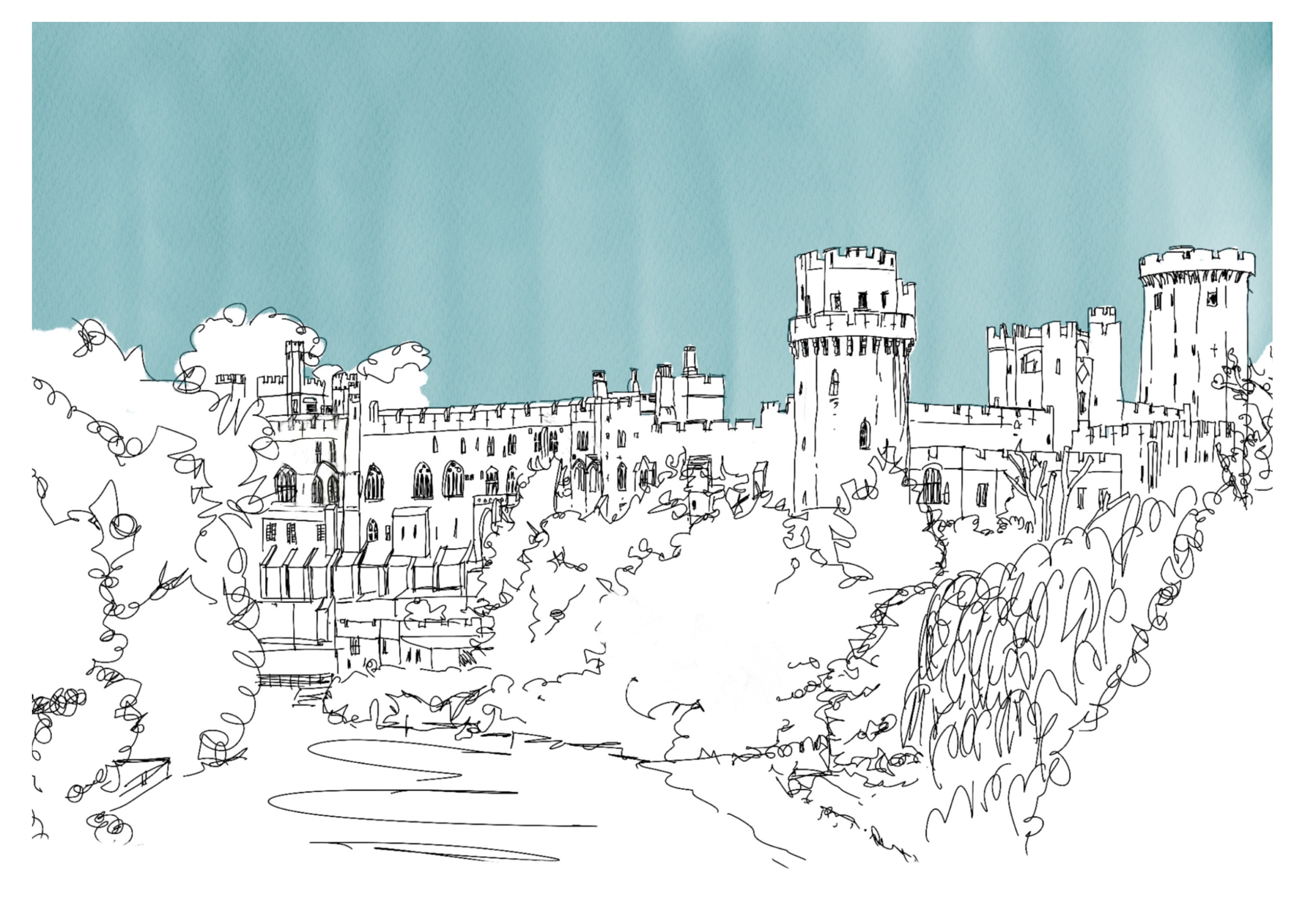 Warwick Castle in Colour Print - Warwick Illustration - Warwickshire ...