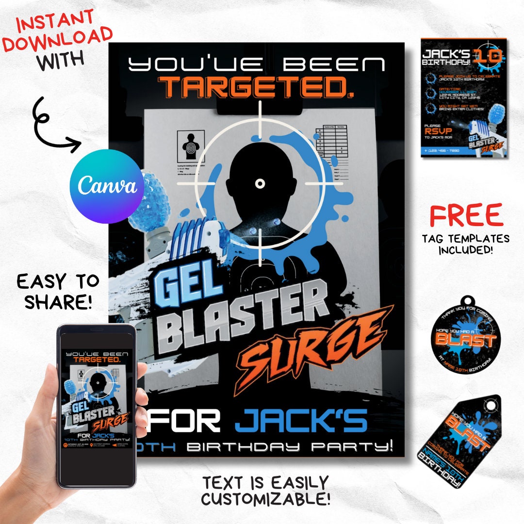 Editable Birthday Invitation | Gel Blaster Party| Gellyball | Printable ...