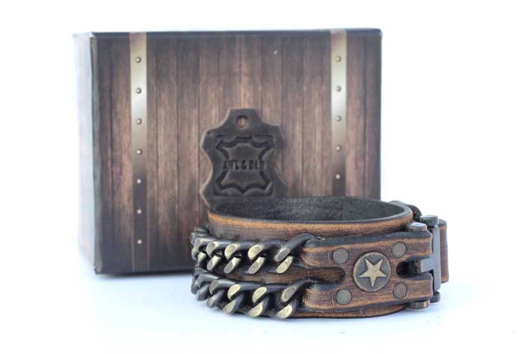 Leather Bracelet With Chains, Mens Bracelet, Men's Leather Bracelet ...