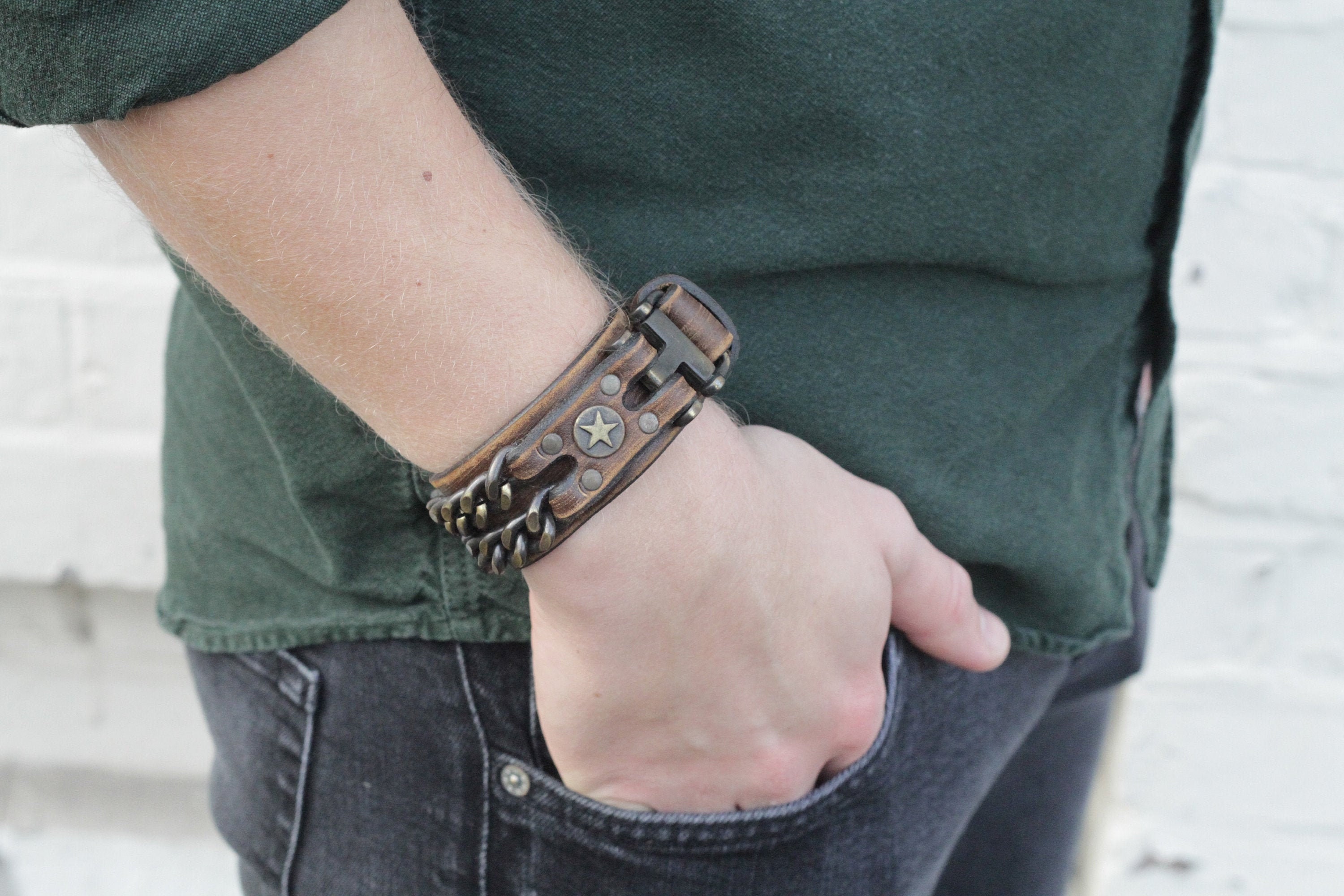 Leather bracelet with chains Mens bracelet men's leather | Etsy