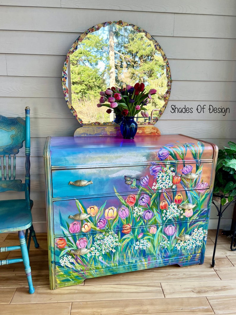 Floral Painted Waterfall Dresser: Antique Mirrored Tulip Design - Etsy