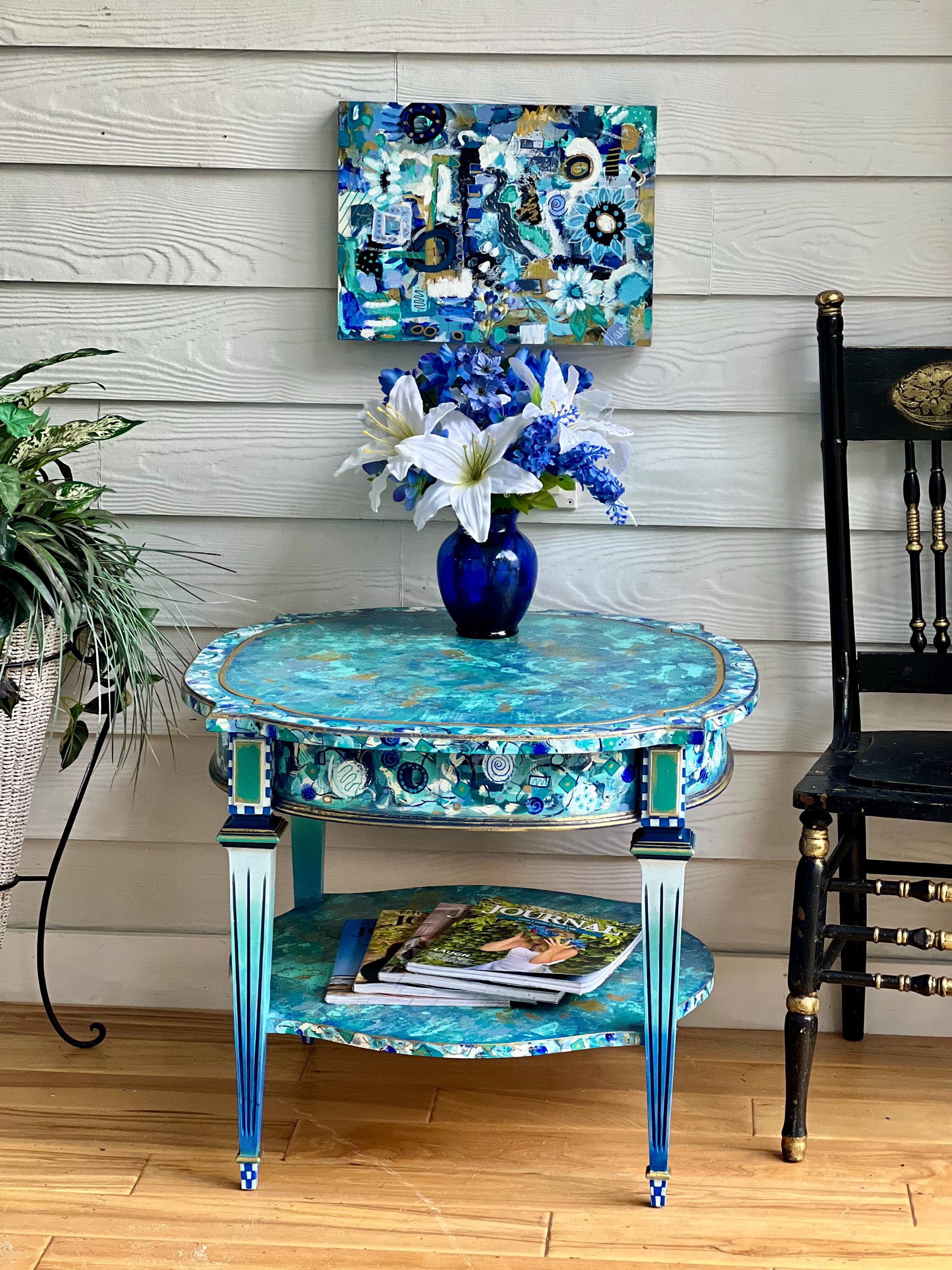 Abstract Blue Painted Table, Blue and Gold Table, Blue Side Table - Etsy