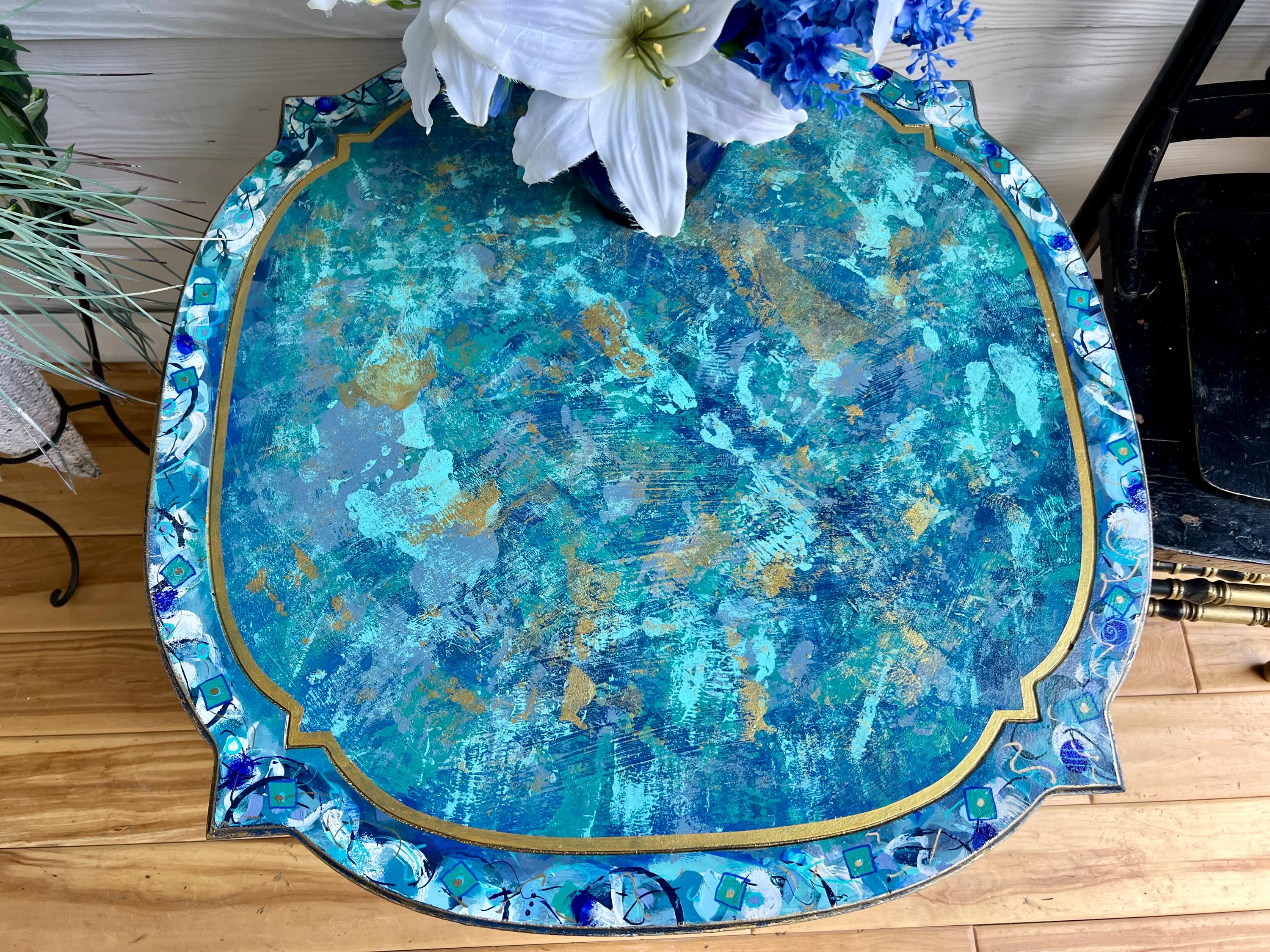 Abstract Blue Painted Table, Blue and Gold Table, Blue Side Table - Etsy