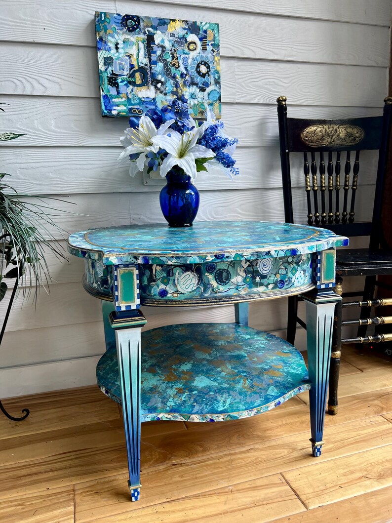 Abstract Blue Painted Table, Blue and Gold Table, Blue Side Table - Etsy