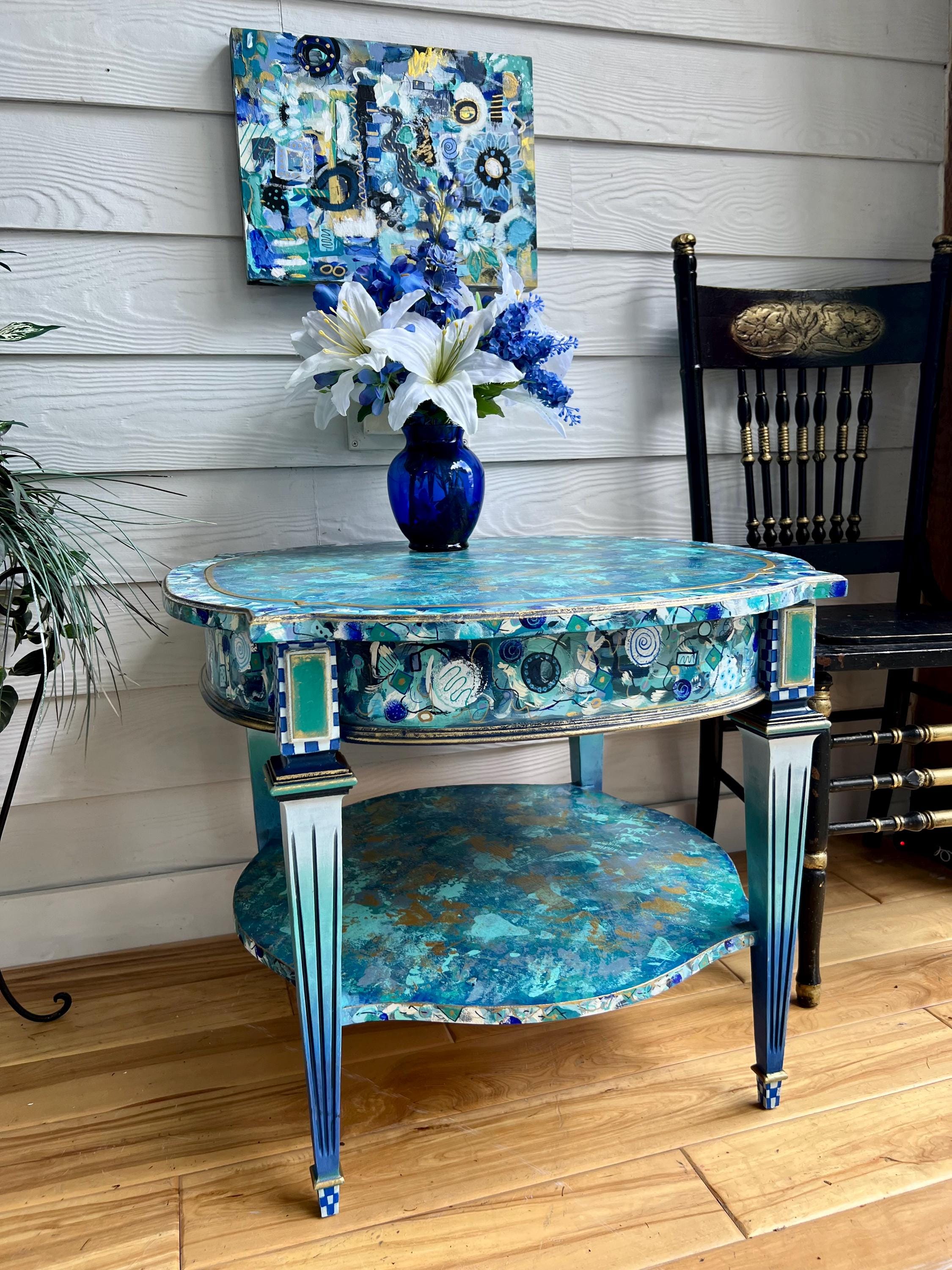 Abstract Blue Painted Table, Blue and Gold Table, Blue Side Table - Etsy