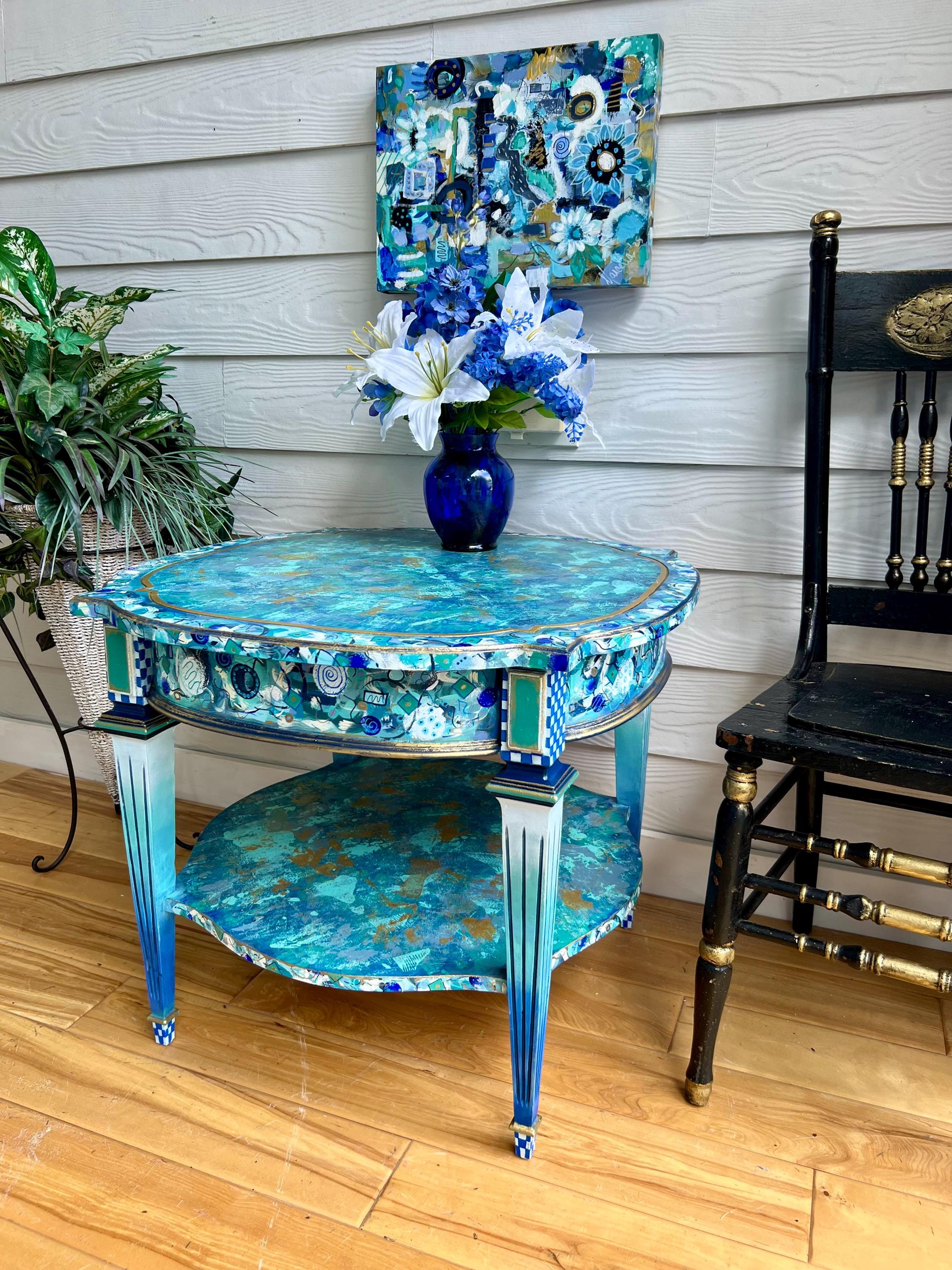 Abstract Blue Painted Table, Blue and Gold Table, Blue Side Table - Etsy
