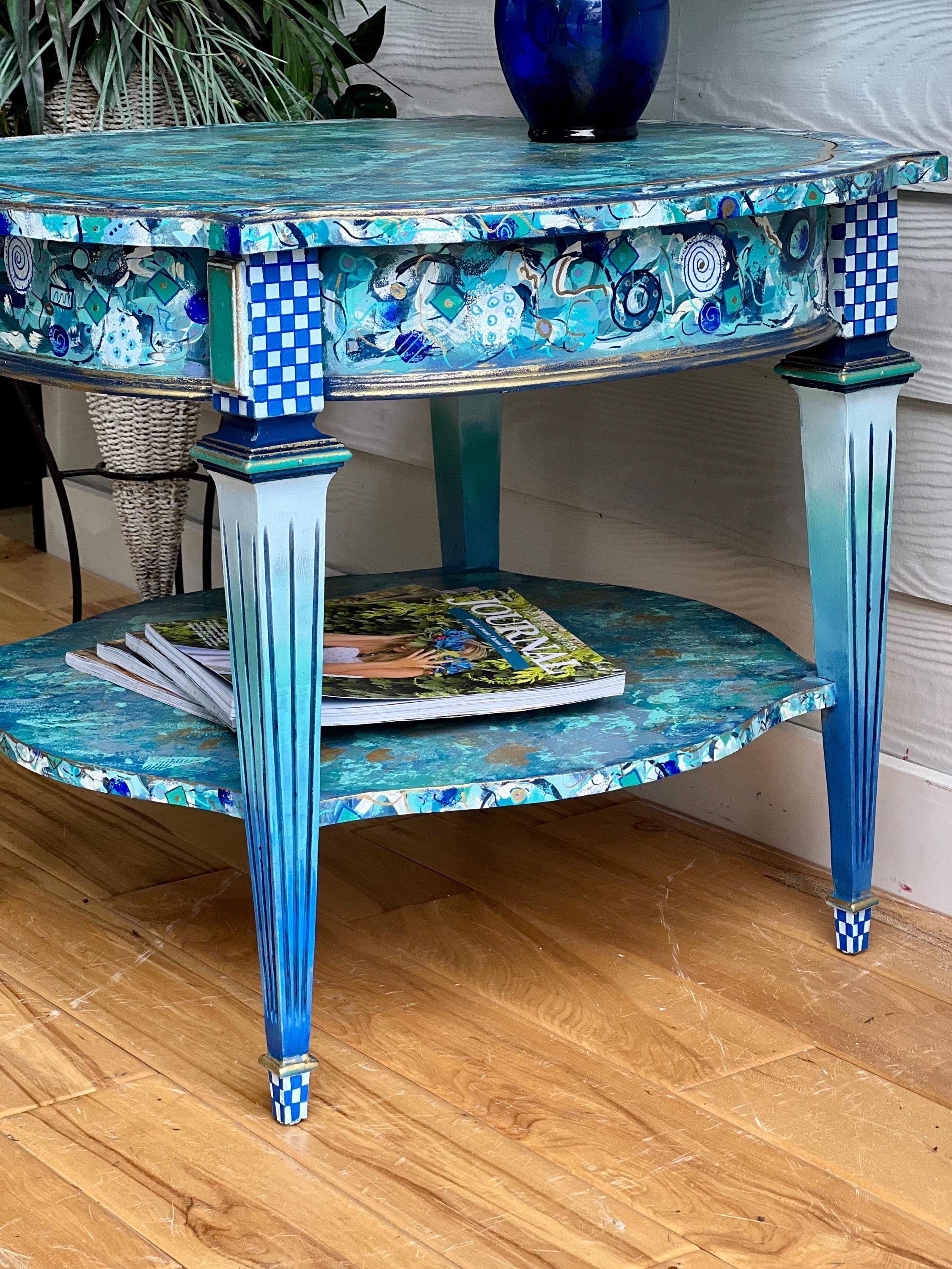 Abstract Blue Painted Table, Blue and Gold Table, Blue Side Table - Etsy