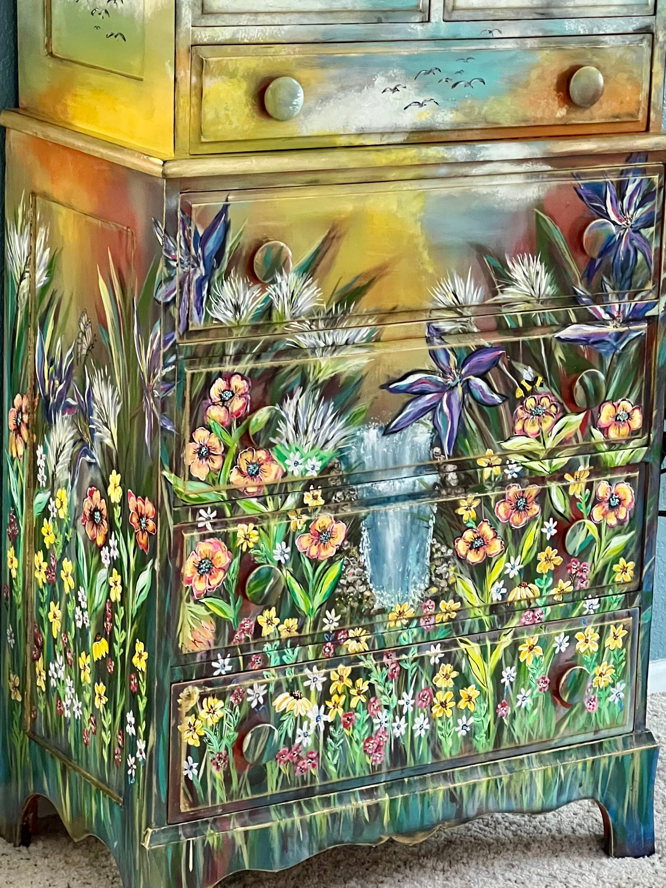 Hand Painted Antique Dresser, Floral Dresser, Colorful Dresser, Bedroom ...