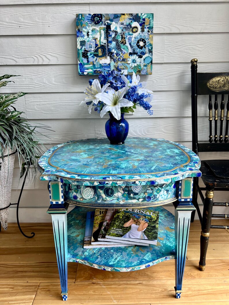 Abstract Blue Painted Table, Blue and Gold Table, Blue Side Table - Etsy