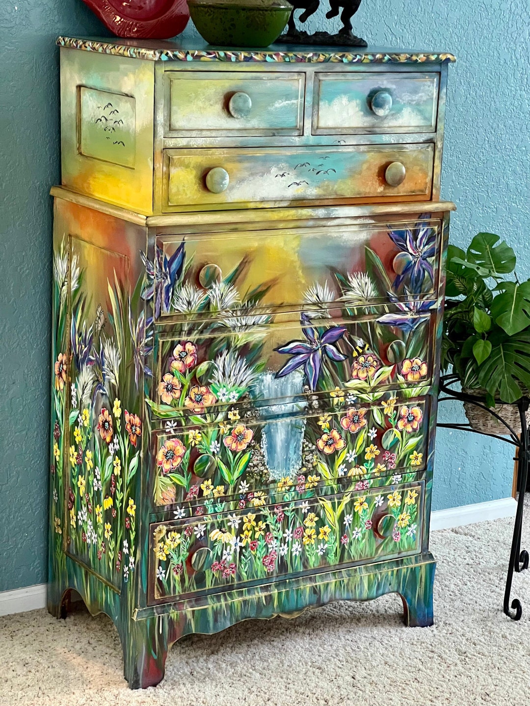 Hand Painted Antique Dresser, Floral Dresser, Colorful Dresser, Bedroom ...