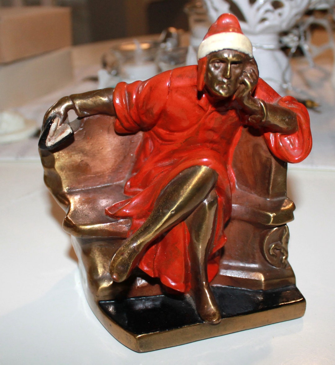 Vintage Bronze Brass Man Reading A Book Thinking Red Pajamas Statue ...