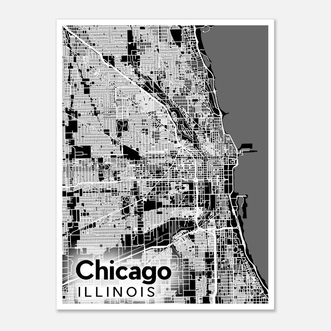 Chicago Wall Art | Map Poster Print - Darktheme | Wall Art Gift | Fine ...
