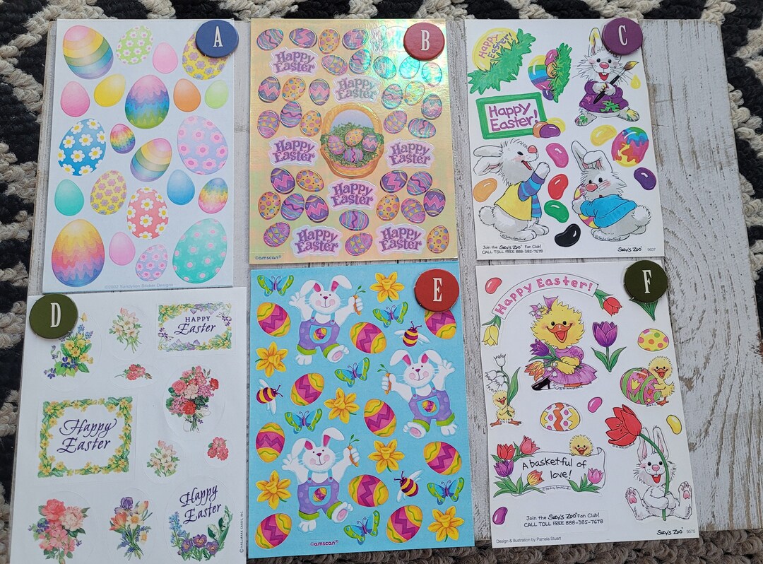 Easter Stickers Eggs Rabbits Bunnies Flowers Happy Easter Jelly Beans ...