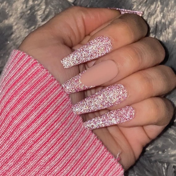 Pink Glitter Tip Nails