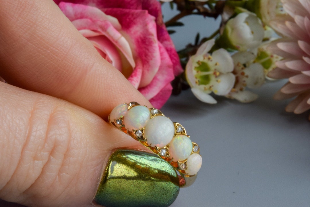 Antique Victorian Opal Old Cut Diamond Spacers 5 Stone Half Hoop Ring ...