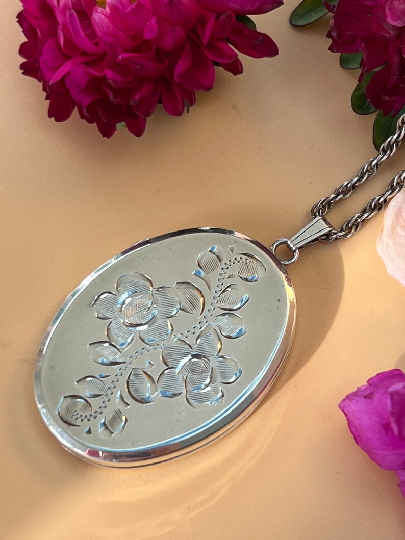 Vintage Large Floral Oval Silver Picture Locket - Etsy