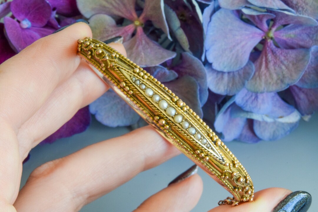 Antique Victorian Etruscan Seed Pearl Bangle 9 Carat Gold - Etsy UK
