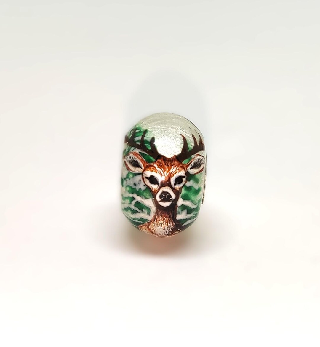 Deer Hand-painted Charm Bead, Deer With Antlers Winter Landscape Charm ...