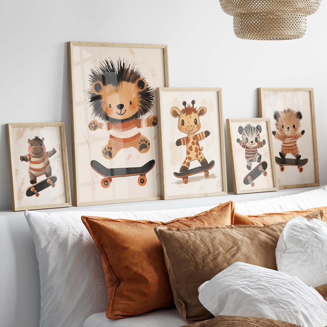 Skateboarding Bear Nursery Wall Art | Jungle Animal Printable Set: Lion ...
