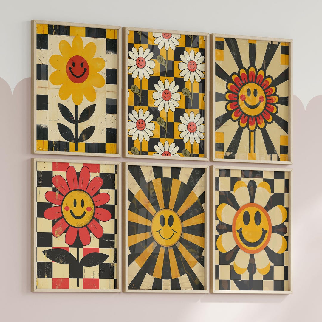 Retro Smiley Flower Print Set for Kids and Adults, Boho Nursery & Kid's ...