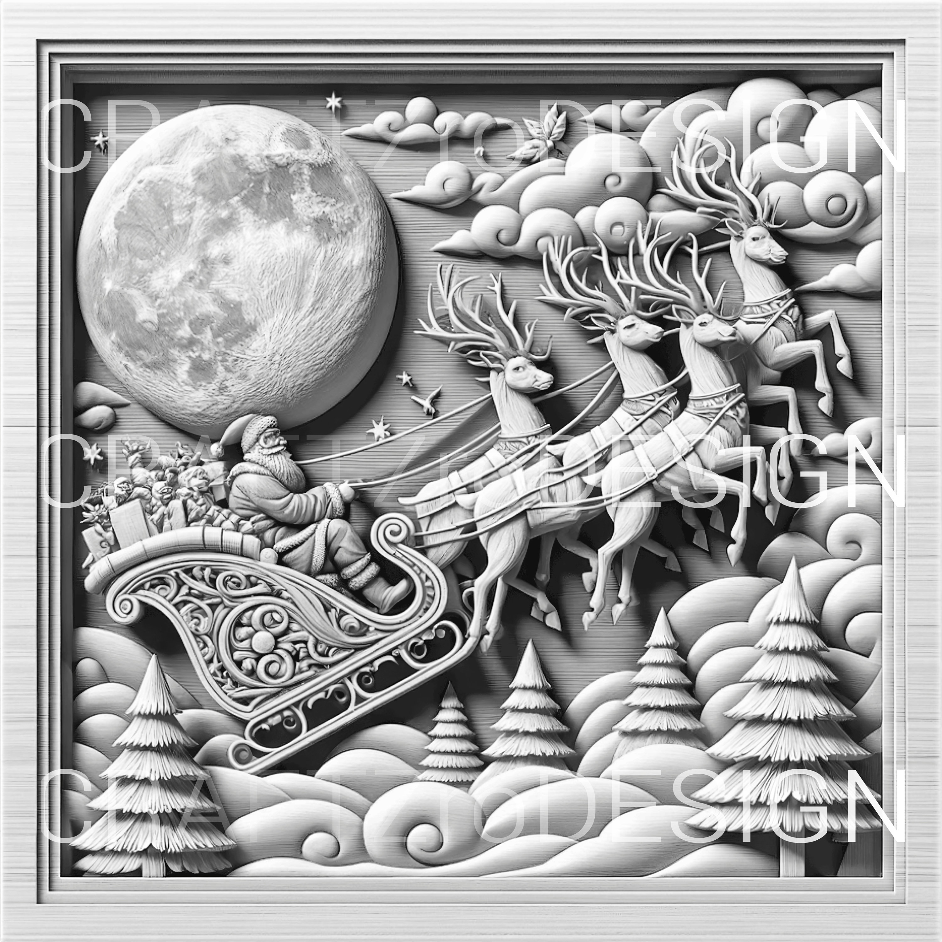 Santa Claus on Sleigh 1 Laser Burn PNG 3D Illusion Engrave Laser Ready ...