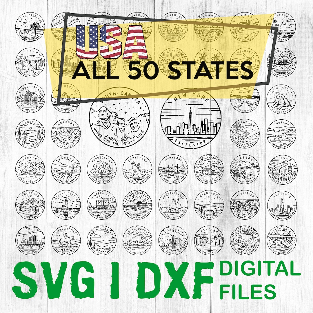 50 USA States SVG DXF Bundle, Patriotic Vector Clip Art (digital ...