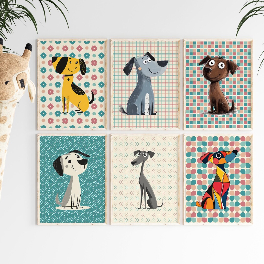 Whimsical Cartoon Dog Prints, Retro Puppy Wall Art, Vintage Nursery ...